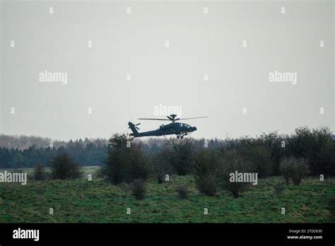 British Army Apache Ah64e Ah 64e Helicopter Gunship In Low Level Fligth Military Action Wilts