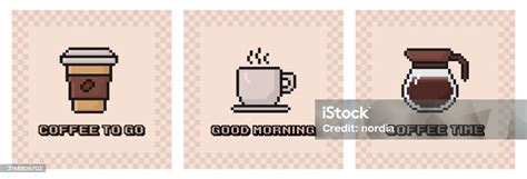 커피 픽셀 아트 포스터 세트 80 년대 90 년대 아케이드 게임 스타일 커피 컵 머그잔 냄비 엽서 향수 라 떼 카푸치노 에스프레소 벡터 일러스트 레이 션 커피 마실 것에