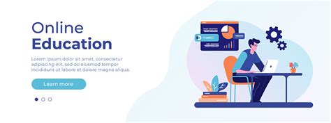 온라인 교육 개념입니다 남자가 원격으로 공부하는 플랫 스타일의 삽화 웹 사이트 페이지의 벡터 레이아웃입니다 집에서 온라인 학습 벡터 일러스트레이션 Eps 10 가상현실에