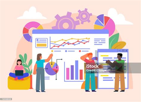 사람들의 그룹은 다양한 차트 그래프 통계와 큰 페이지 근처에 서 데이터에 대한 스톡 벡터 아트 및 기타 이미지 데이터 사색 개념 Istock