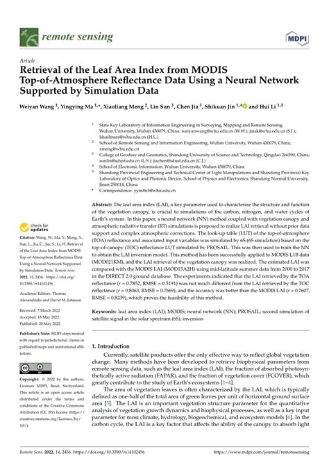 Pdf Retrieval Of The Leaf Area Index From Modis Top Of Atmosphere Reflectance Data Using A