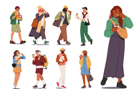 사람들 만화 캐릭터 패스트 푸드 이동 중에 건강에 해로운 스낵을 먹고 고립 흰색에 설정 개체 그룹에 대한 스톡 벡터 아트 및 기타 이미지 Istock