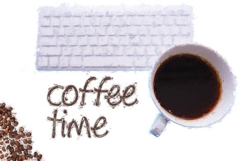 작업 공간 책상의 창조적 인 평면 평신도 사진을 페인팅합니다 흰색 배경에 키보드와 커피 컵 상단 보기 사무실 책상 커피 타임 사인 0명에 대한 스톡 벡터 아트 및 기타