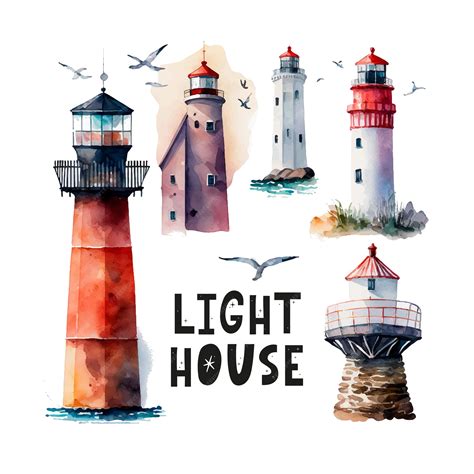 흰색 배경 손에 수채화 세트 등대 그림 격리 등대와 갈매기 프리미엄 벡터