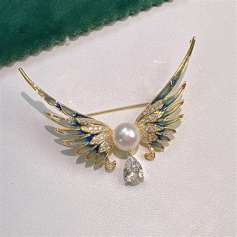 Rhinestone Angels Wings Freshwater Pearl Brooch Default Title Red