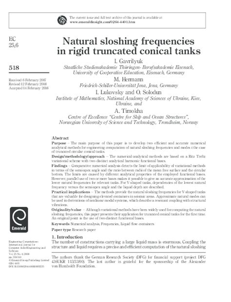 Pdf Natural Sloshing Frequencies In Rigid Truncated Conical Tanks