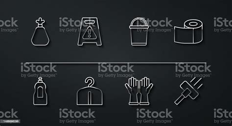 세트 라인 쓰레기 봉투 식기 세척액 병 화장지 롤 고무 장갑 옷걸이 옷장 젖은 바닥 진공 청소기 및 양동이 아이콘 벡터 바닥재에