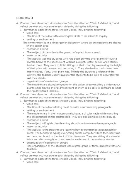 Dim Task Reflection On Classroom Videos And High Leverage Practices Studocu