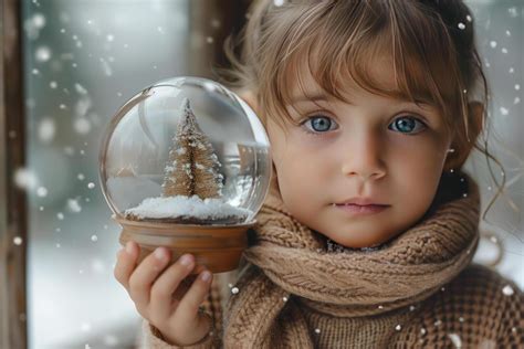 Young Girl Holding A Snow Globe With A Miniature Christmas Tree Inside