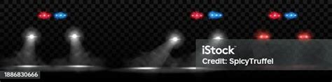 비상등 야간 경찰 자동차 빨간색과 파란색 램프 헤드라이트의 측면 빛나는 사이렌 효과 경찰차의 전조등 광선과 비콘 플래시 벡터 현실적인 투명 배경 구급차에 대한 스톡 벡터