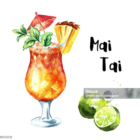 칵테일 파티입니다 마이 타이 칵테일 파인애플 민트 라임 그리고 럼 흰색 배경에 고립 수채화 손으로 그린 그림 0명에 대한 스톡 벡터 아트 및 기타 이미지 Istock