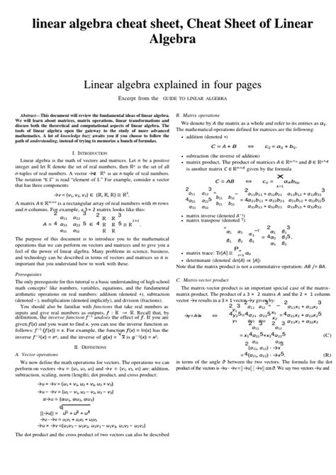 Linear Algebra Cheat Sheet Quick Reference Guide For Key Concepts And Formulas Linear Algebra