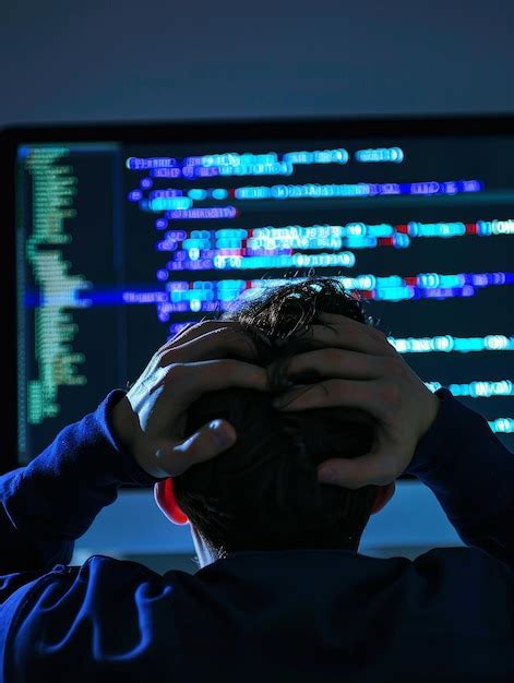 Premium Photo A Programmer Sits In A Dark Room Hands Clasped Over His Head In Frustration The
