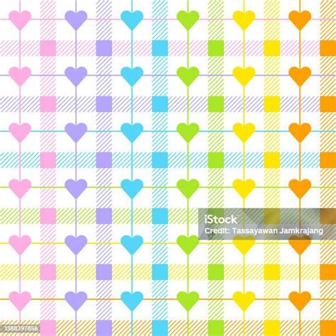파스텔 레인보우 귀여운 심장 사랑 돌보는 라인 스콧 체크 무늬 격자 무늬 타탄 깅엄 패턴 사각형 배경 벡터 만화 일러스트 레이 션 식탁보 피크닉 매트 랩 페이퍼 매트 직물
