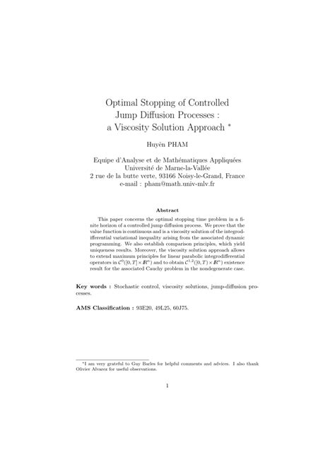 Pdf Optimal Stopping Of Controlled Jump Diffusion Processes A Viscosity Solution Approach