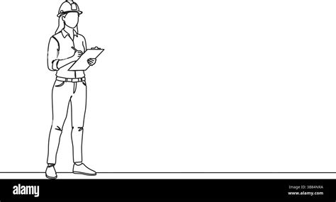Continuous Single Line Drawing Of Female Civil Engineer With Clipboard Line Art Vector