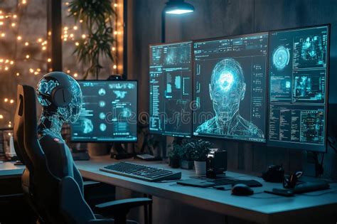 Futuristic Workspace With An Artificial Intelligence Figure Analyzing Data On Multiple Glowing
