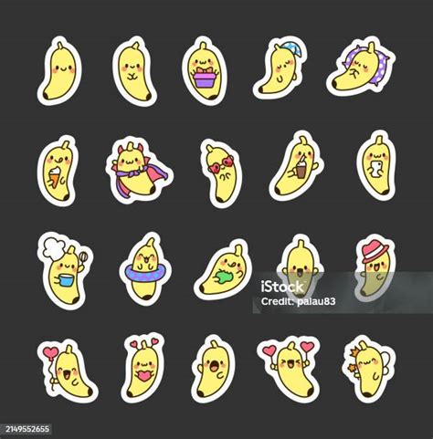 미소 짓는 카와이 바나나 스티커 책갈피 만화 캐릭터입니다 손으로 그린 스타일입니다 벡터 그리기 디자인 요소 모음 가공의 인물에 대한 스톡 벡터 아트 및 기타 이미지 Istock