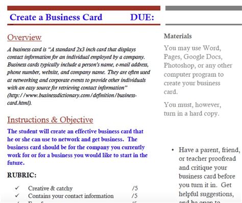 Create A Business Card Assignment Creating A Business Business Cards