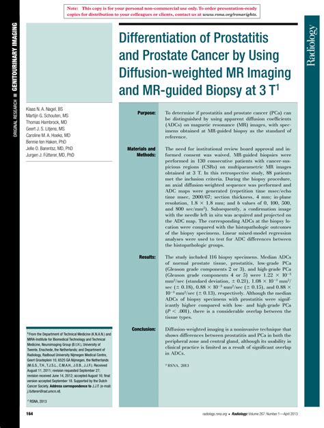 Pdf Differentiation Of Prostatitis And Prostate Cancer By Using Diffusion Weighted Mr Imaging