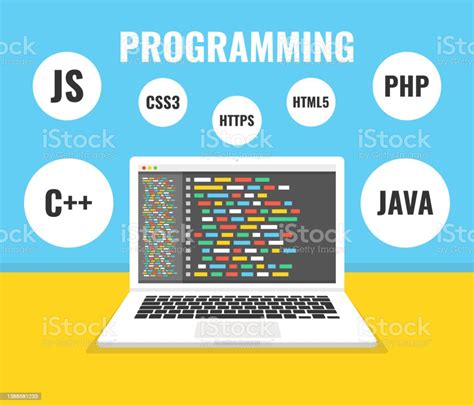 프로그래밍 웹 개발 개념입니다 화면 노트북에 코드 벡터 일러스트입니다 Html에 대한 스톡 벡터 아트 및 기타 이미지