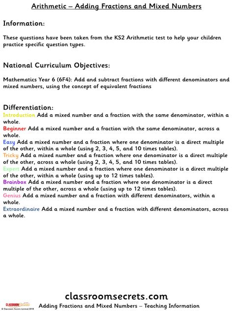 Ks2 Adding Fractions And Mixed Numbers Arithmetic Test Pdf Numbers Mathematical Objects