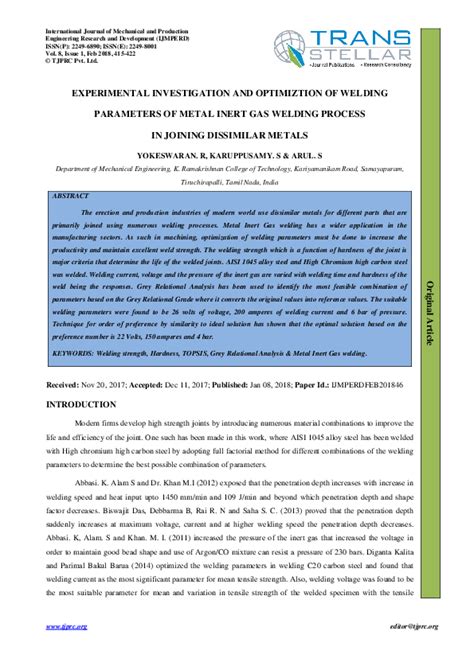 Pdf Experimental Investigation And Optimiztion Of Welding Parameters Of Metal Inert Gas