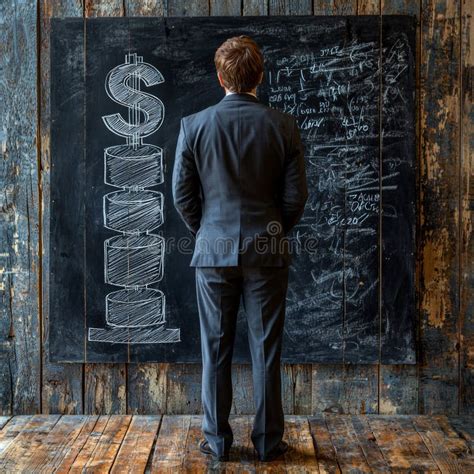 Businessman Analyzing Stack Diagram On Rustic Chalkboard Stock