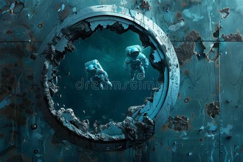 Two Astronauts Float In Space Through A Broken Spaceship Window A Teal