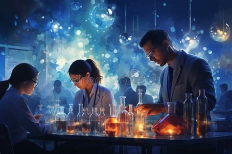 Man And Woman Conducting Experiments In A Laboratory Created With Generative AI Technology Stock