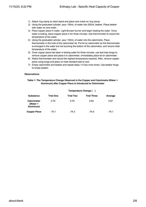 SOLUTION Enthalpy Lab Specific Heat Capacity Of Copper Studypool