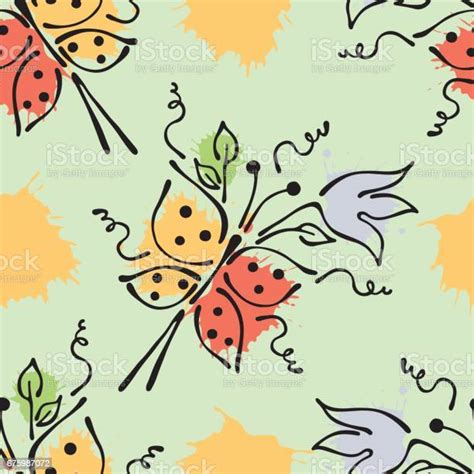 나비 꽃 잎 장식 요소 얼룩 오 점 벡터 원활한 꽃 패턴 드롭 손으로 그린 등고선 및 스트로크 낙서 스케치 스타일 그래픽 벡터 그림 그리기 0명에 대한 스톡 벡터 아트 및