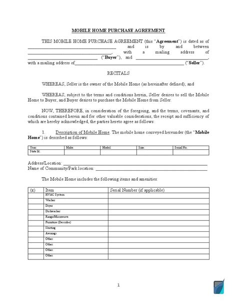 Mobile Home Purchase Agreement Template