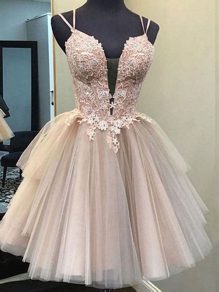 Champagne V Neck Tulle Lace Short Prom Dress Lace Short Homecoming Ev Morievent