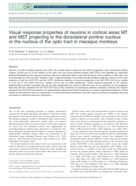 Pdf Visual Response Properties Of Neurons In Cortical Areas Mt And Mst Projecting To The