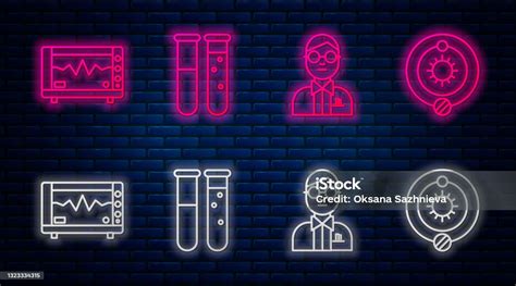 세트 라인 테스트 튜브 및 플라스크 화학 실험실 과학자 심장 및 태양계컴퓨터 모니터 벽돌 벽에 빛나는 네온 아이콘 벡터 건강
