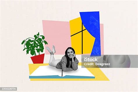 복합 이미지 몽타주 트렌드 삽화 3d 콜라주 집 실내 편안함 식물 국내 창 젊은 여자 누워있는 열린 책 페이지 30 34세에 대한 스톡 사진 및 기타 이미지 Istock