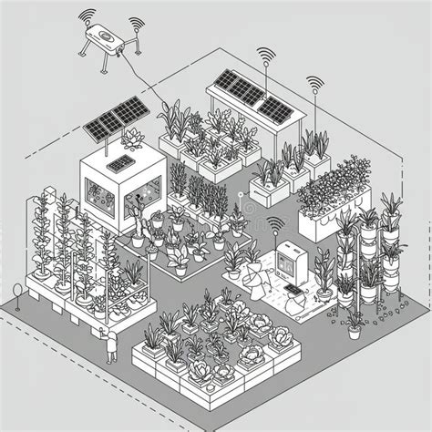 Schematic Illustration Of A Smart Garden Utilizing Solar Energy Rectangular Planters Stock