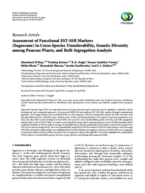 Pdf Assessment Of Functional Est Ssr Markers Sugarcane In Cross Species Transferability