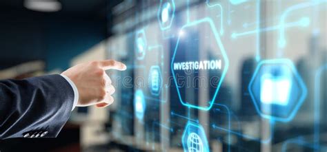 Investigation Business Concept Man Presses Investigations Button On A Virtual Screen Stock