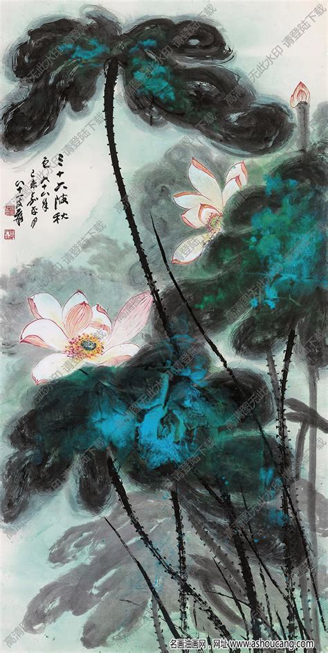 张大千作品 泼彩荷花图 六十八年己未嘉平月 高清大图下载 名画油画网
