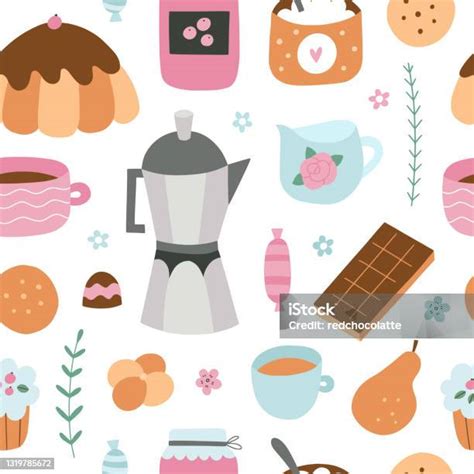 귀여운 부엌 원활한 패턴 케이크 쿠키 달콤한 음식 커피 컵벡터 배경 요리하기 음식 준비에 대한 스톡 벡터 아트 및 기타 이미지 요리하기 음식 준비 케이크 디지털 생성