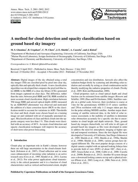 Pdf A Method For Cloud Detection And Opacity Classification Based On Ground Based Sky Imagery