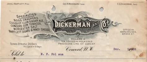 Illustrated 1910 Dickerman Wholesale Grocer Salt Cheese Tobacco Ginger