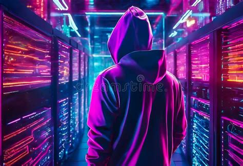 Back View Of Hacker In Hoodie Standing Among Illuminated Servers
