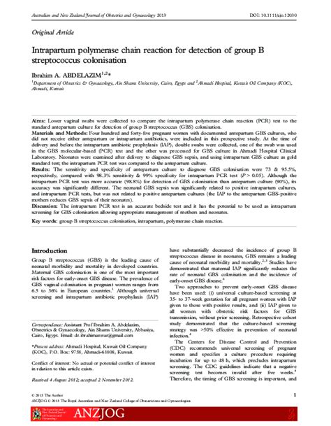 Pdf Intrapartum Polymerase Chain Reaction For Detection Of Group B Streptococcus Colonisation
