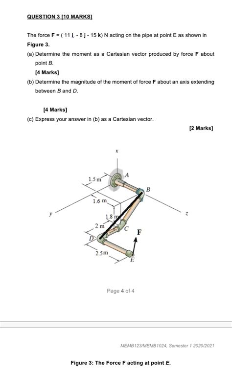 Solved Question 3 [10 Marks] The Force F 11i 8j 15kn Is Acting On The Pipe At Point E As