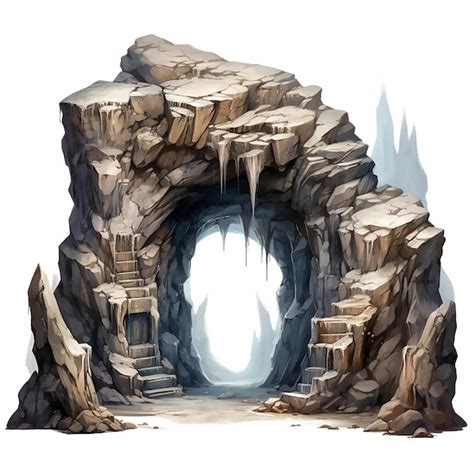 자연 바위 동굴 풍경 일러스트레이션 만화 예술 입구 어두운 배경 산 프리미엄 Ai 생성 벡터