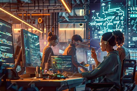 Scene Of Software Developers Coding In Modern Environment Premium Ai