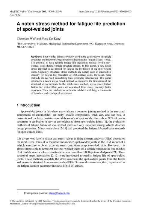 Pdf A Notch Stress Method For Fatigue Life Prediction Of Spot Welded Joints